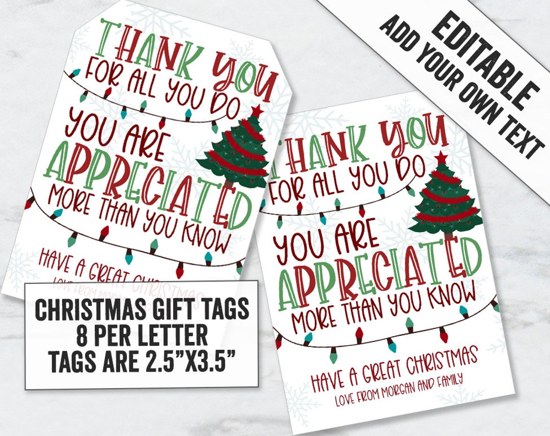 Printable Thank You Gift Tags, Editable Christmas Tags, Teacher ...