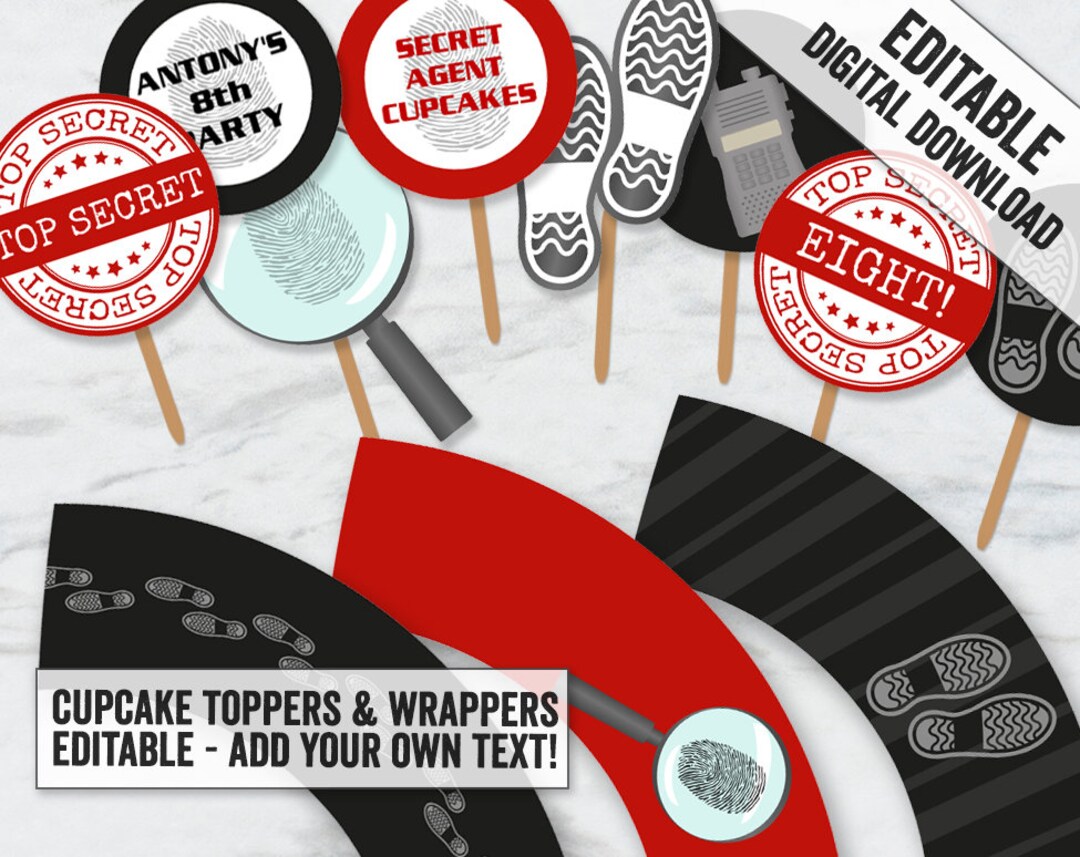 Printable Spy Cupcake Toppers and Wrapper Template, Editable Secret ...
