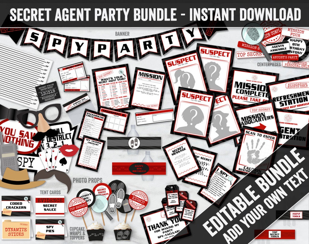 Editable Spy Party Bundle, Printable Secret Agent Party Pack, Printable ...