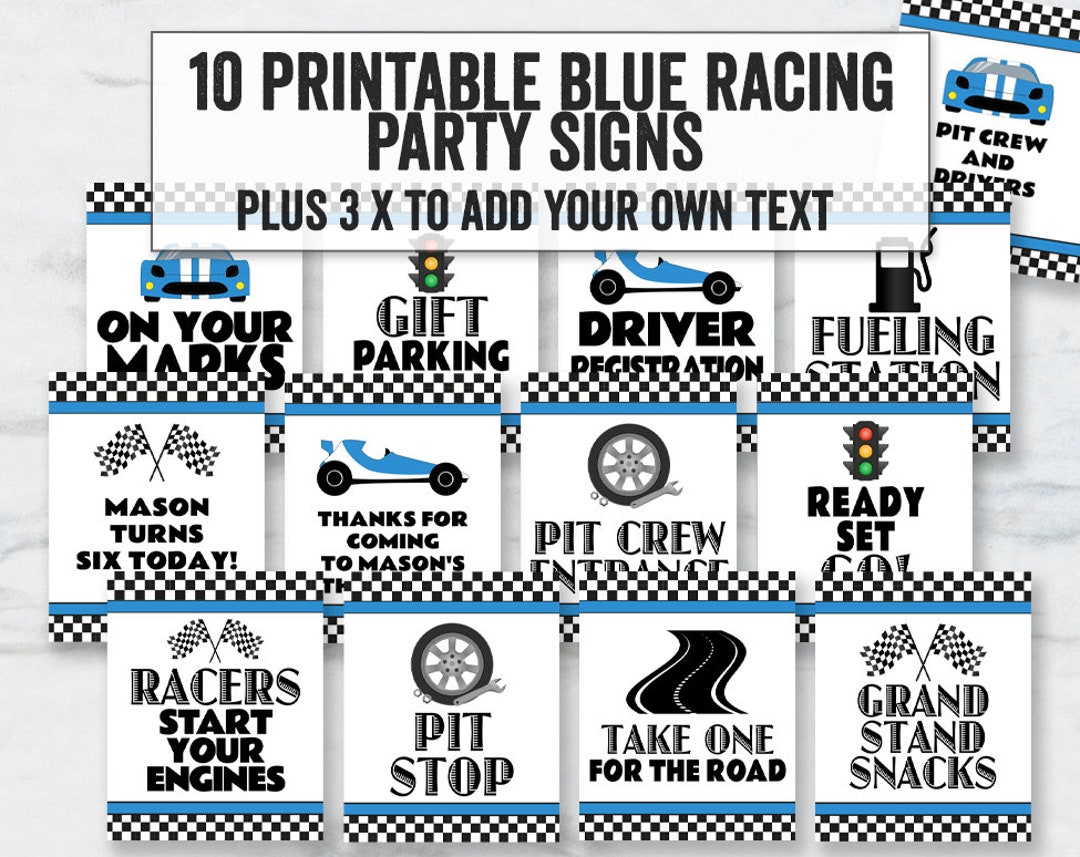 Printable Blue Racing Car Party Signs, Printable Race Car Party ...