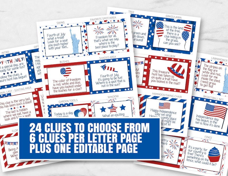 Printable Outdoor 4th July Treasure Hunt Clues, Printable Independence ...