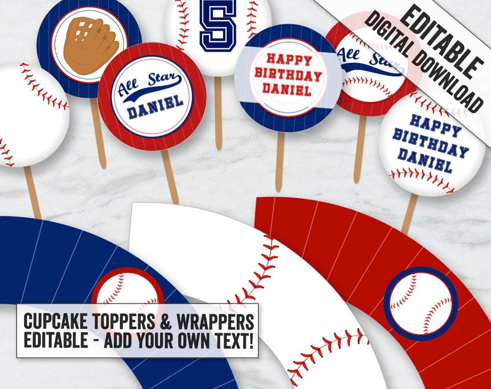 Baseball Cupcake Toppers and Wrapper Printables, Editable Baseball ...