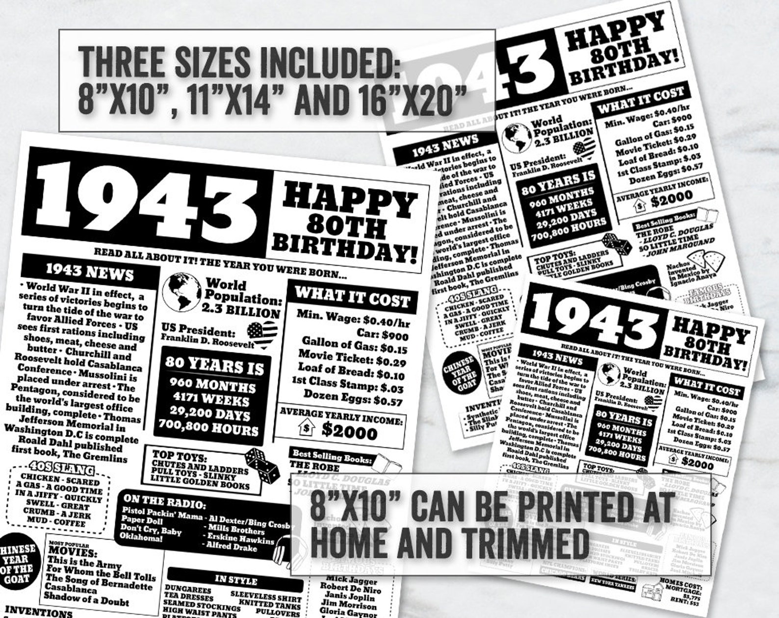 Born in 1943 Printable Poster Printable 80th Birthday Sign - Etsy UK