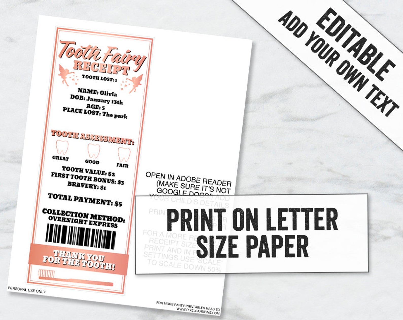 Printable Rose Gold Tooth Fairy Receipt Editable Tooth Fairy - Etsy
