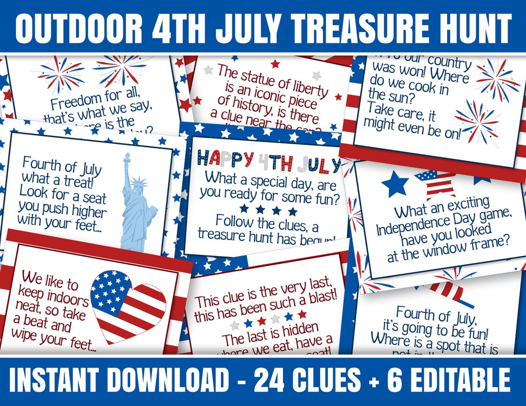 Printable Outdoor 4th July Treasure Hunt Clues, Printable Independence ...