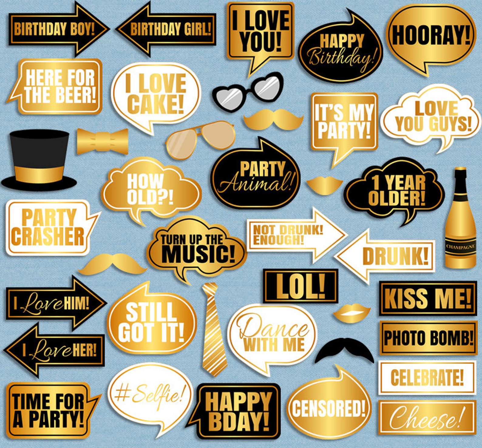40 Birthday Photo Booth Props, Birthday Party Printable Props, Bday ...