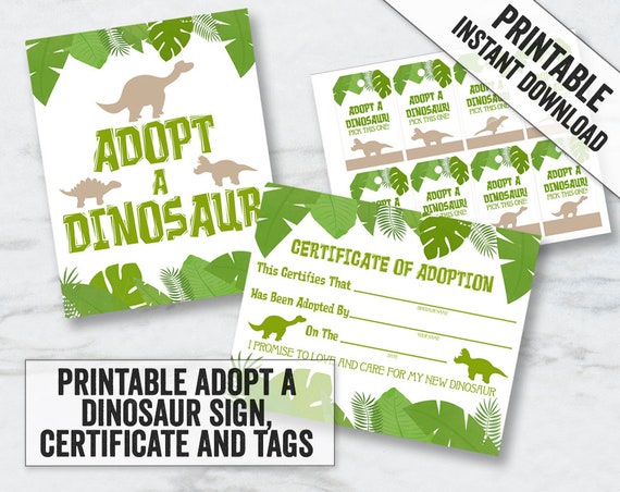 Adopt a Dinosaur Printable Sign and Certificate Adopt a | Etsy