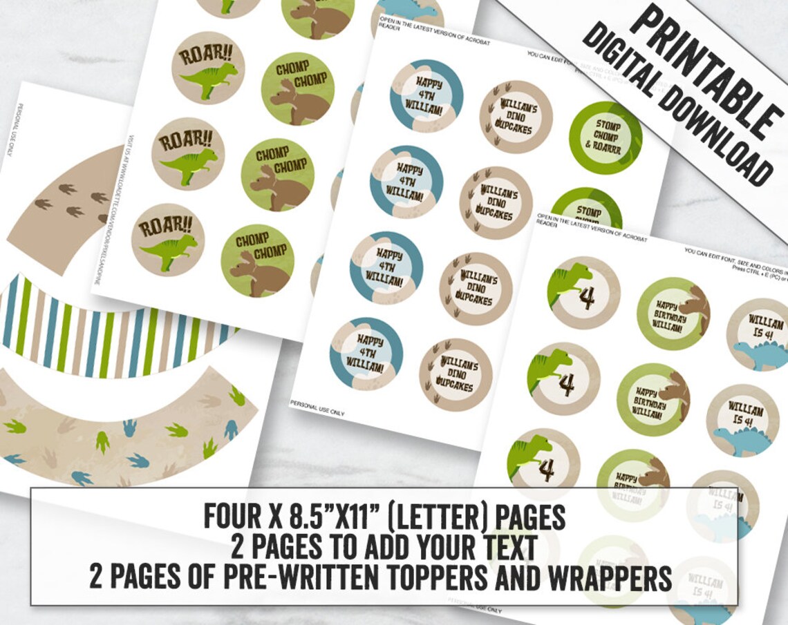 Dinosaur Cupcake Toppers and Wrapper Printables Editable Dino - Etsy