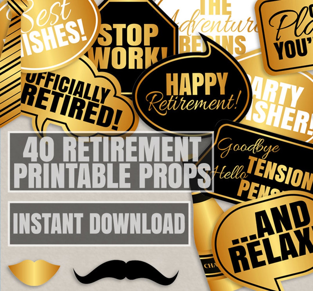 40 Retirement Party Props, Black and Gold Retirement Photo Booth Prop ...