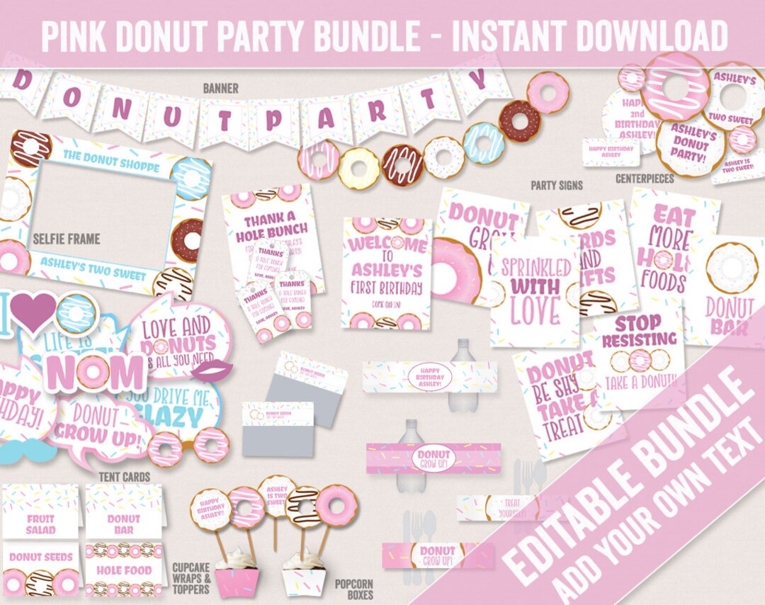 Editable Donut Party Bundle, Printable Pink Donut Birthday Pack, Donut ...