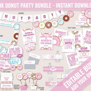 Editable Donut Party Bundle, Printable Pink Donut Birthday Pack, Donut ...