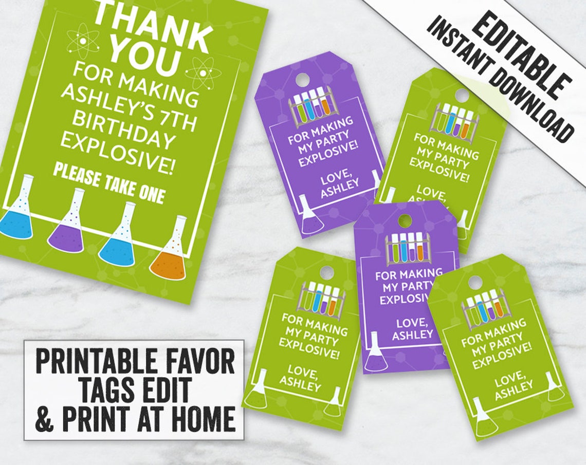 Printable Science Favor Tags, Editable Science Thank You Tags, Mad ...