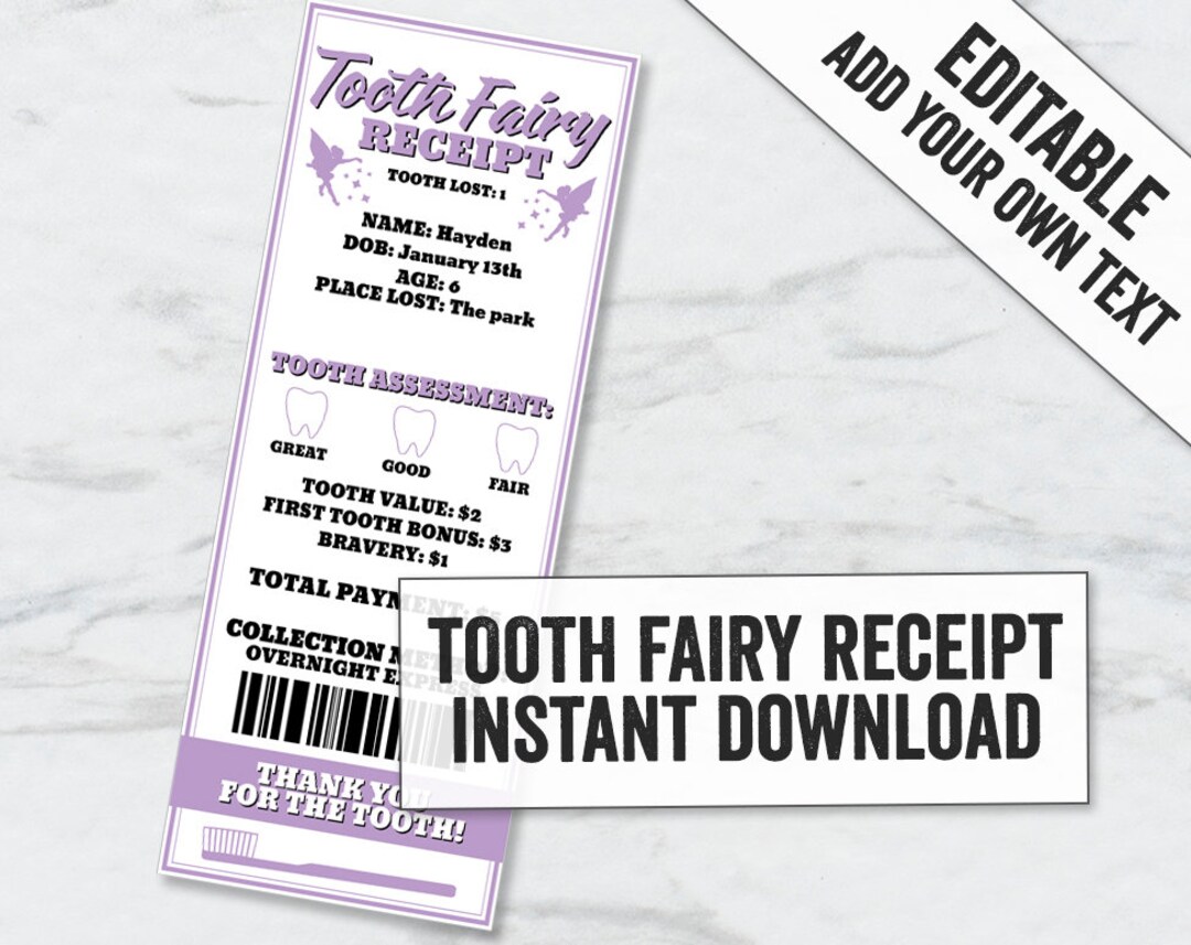 Printable Tooth Fairy Receipt, Editable Purple Tooth Fairy Receipt ...