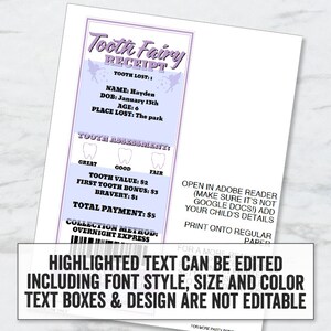 Printable Tooth Fairy Receipt, Editable Purple Tooth Fairy Receipt ...