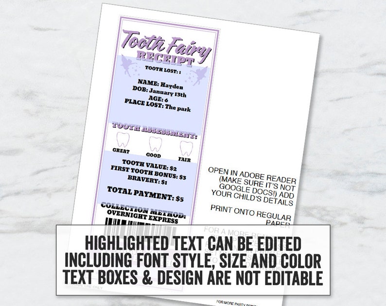 Printable Tooth Fairy Receipt Editable Purple Tooth Fairy - Etsy