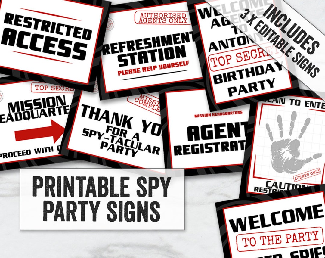 Spy Party Signs Printable, Editable Secret Agent Party Signs, Kid's ...