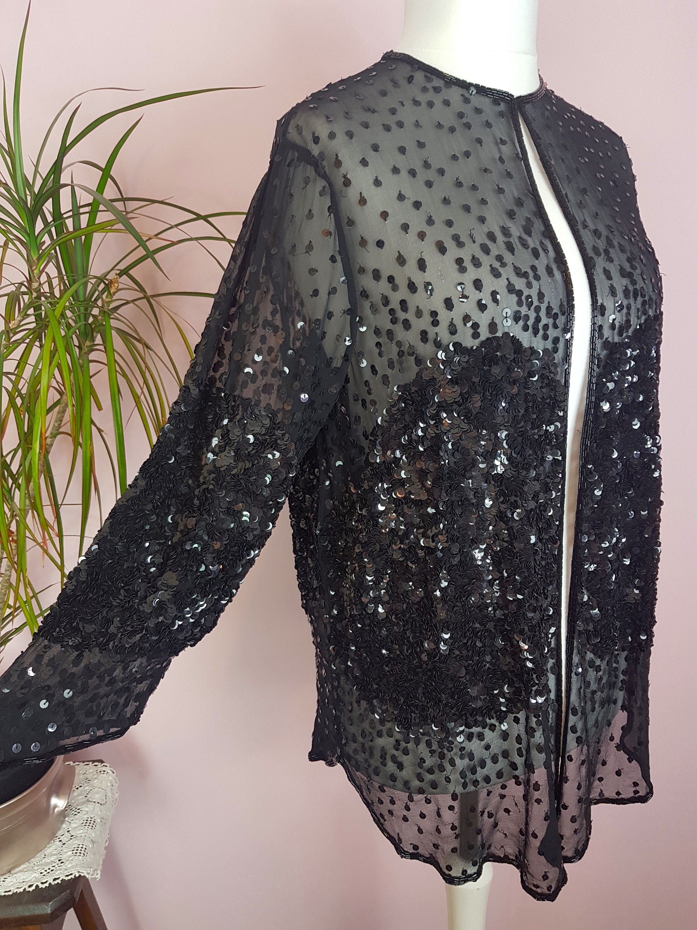 Vintage 1980s Black Sequin See Through Chiffon Jacket by Gina | Etsy UK