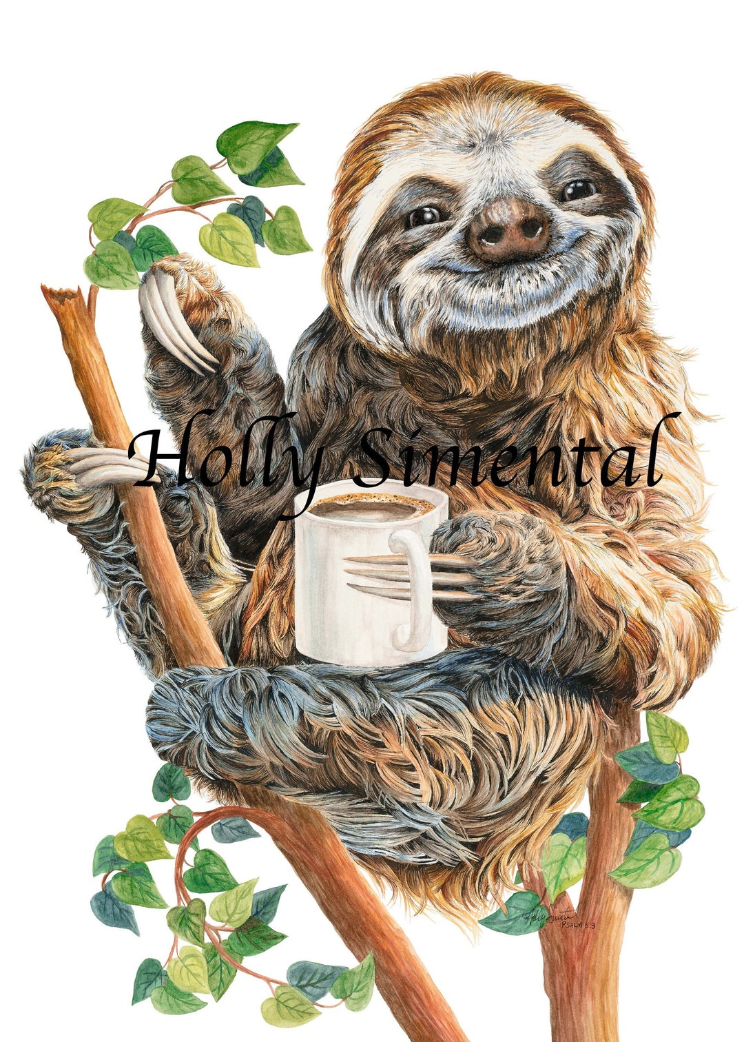 Top of the Morning , Sloth With Coffee Cup Watercolor Painting Signed ...
