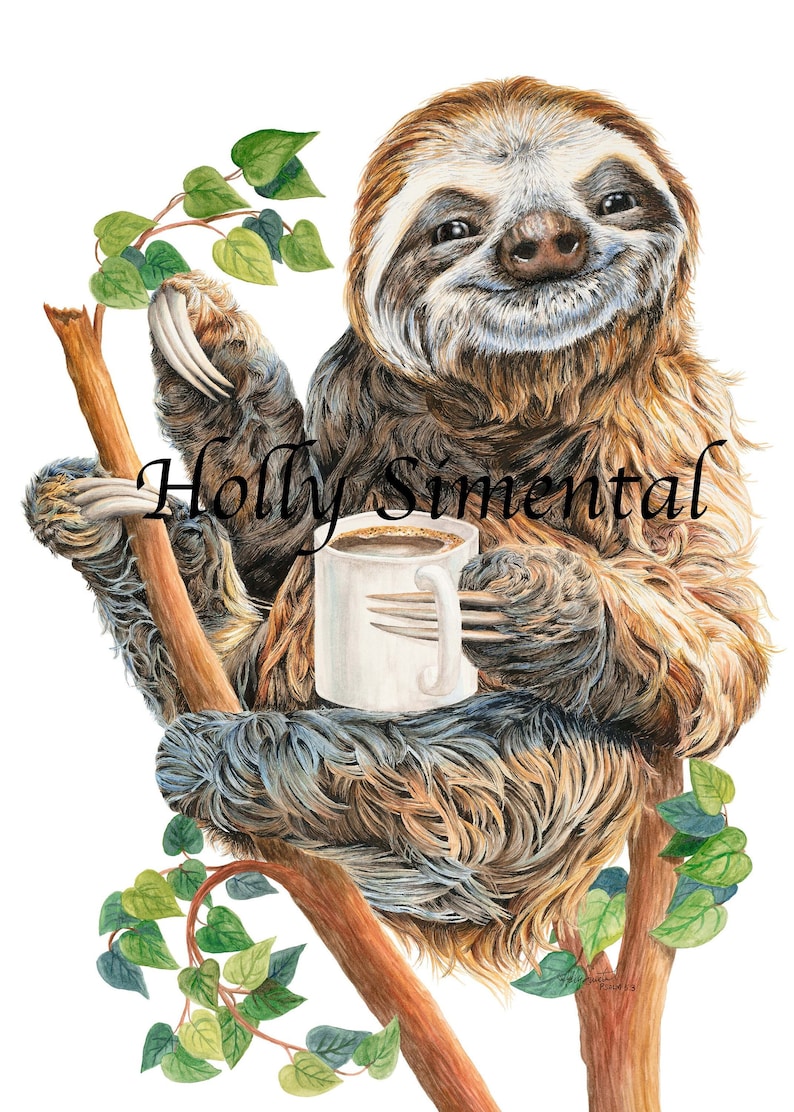 Top of the Morning Sloth With Coffee Cup Watercolor Painting - Etsy