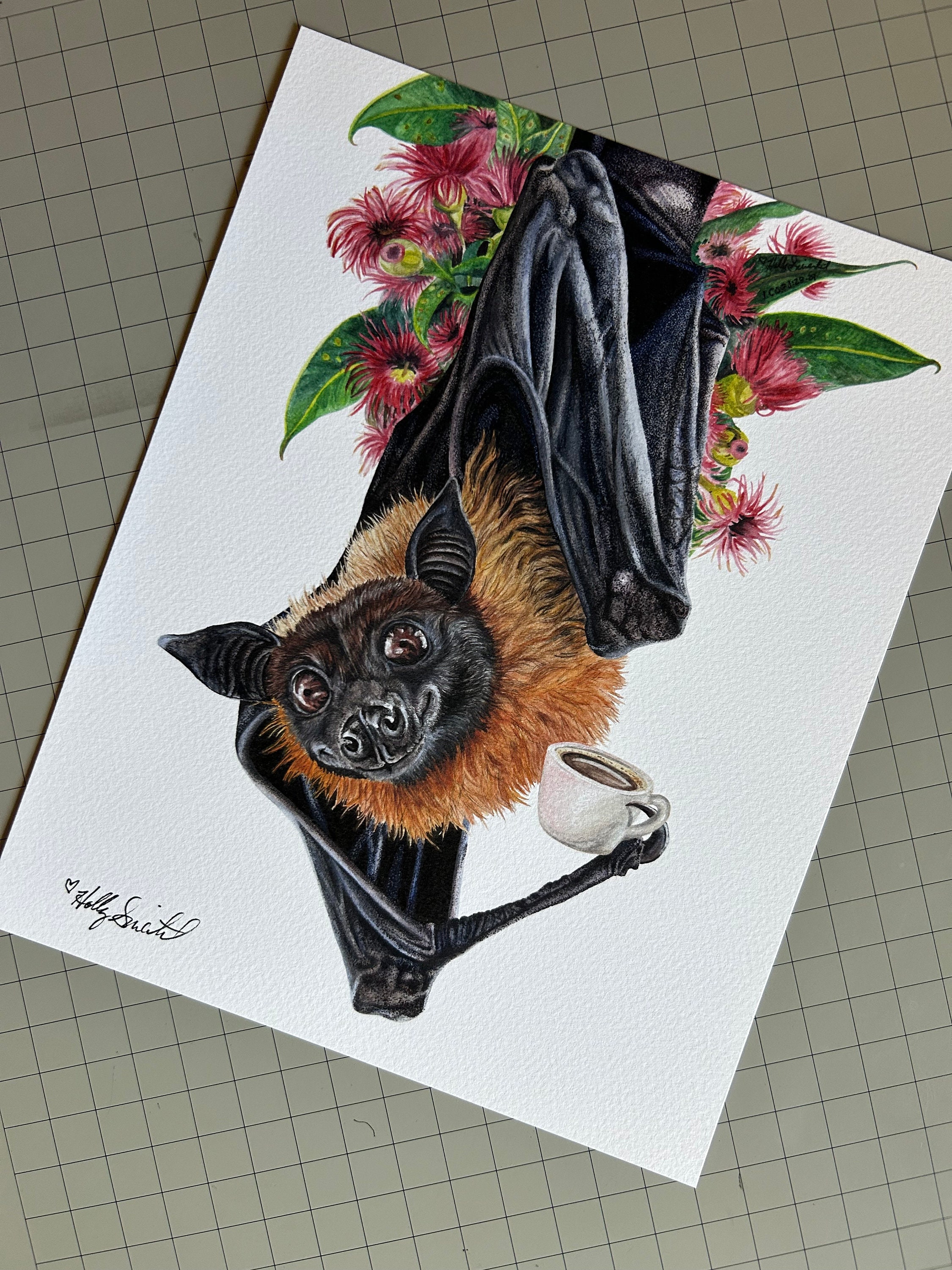 Batty Before Coffee Bat Animal Watercolor Painting Signed Print by ...