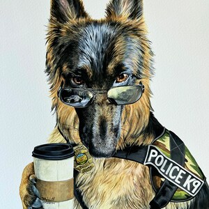 K9 Coffee GSD German Shepherd Police Dog Acrylic Painting Signed Print ...