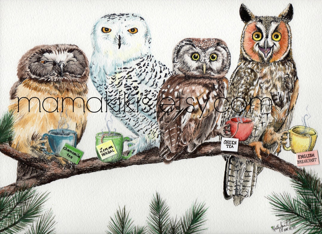 Tea Owls , Funny Owl Tea Time Painting Signed Print by Holly Simental ...