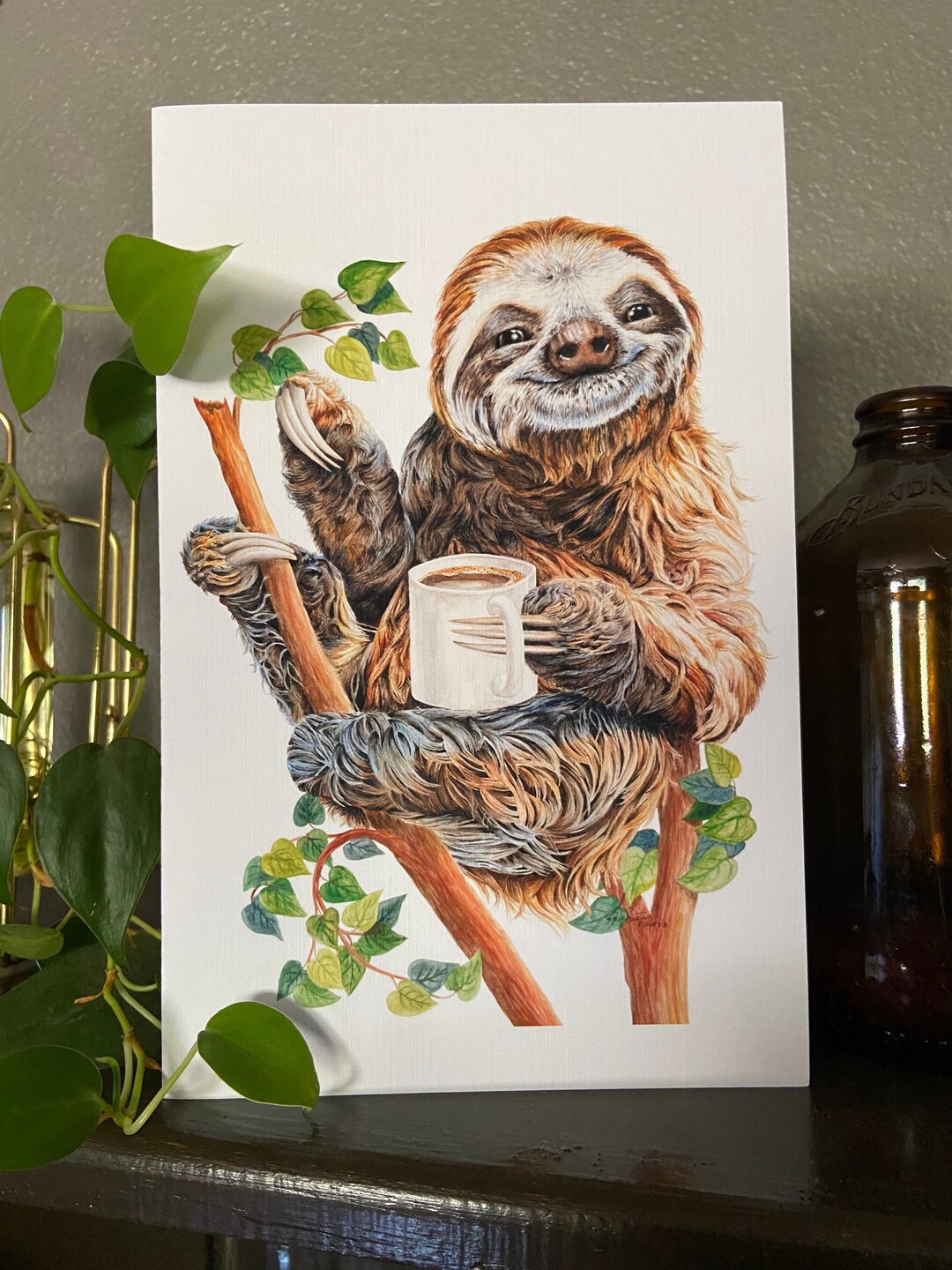 Top of the Morning Sloth With Coffee Large Watercolor Fine Art Card ...