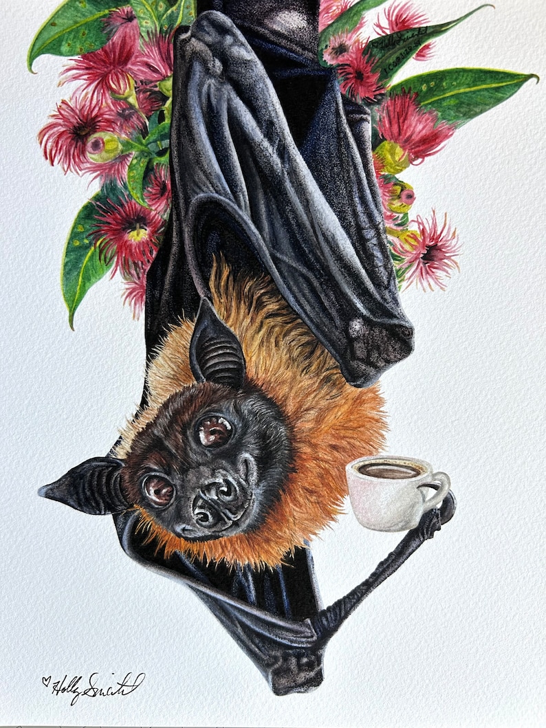 Batty Before Coffee Bat Animal Watercolor Painting Signed Print by ...