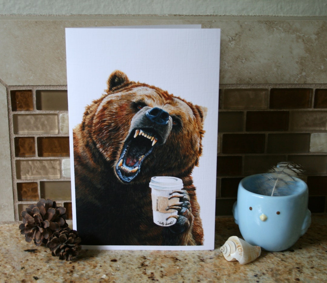 Grizzly Morning Coffee Bear Large Fine Art Card. Forest Animal. Blank ...