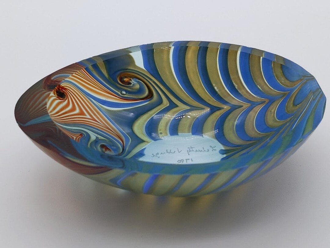 Vandermark Art Glass Trinket Dish in Pulled Feather Design, Signed ...