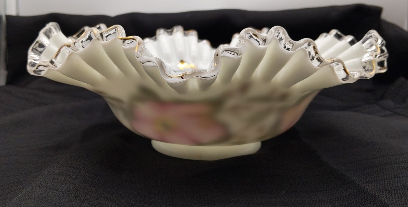 Fenton Silver Crest Charleton Hand Painted Ruffled Crimped Bowl 10.75 ...