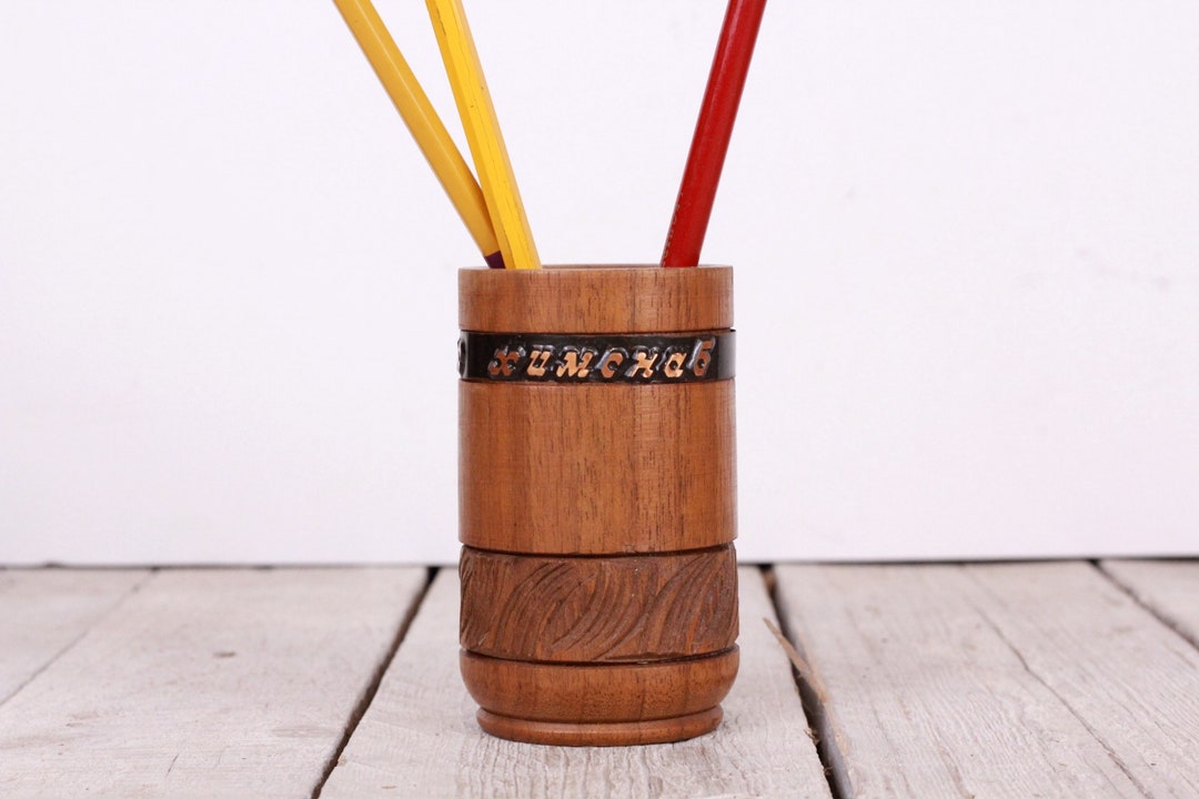 Vintage Wooden Pencil/ Pen Holder With Cooper Ornaments, Office ...