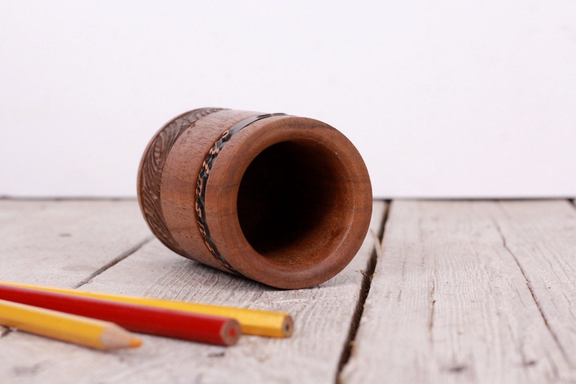 Vintage Wooden Pencil/ Pen Holder With Cooper Ornaments, Office ...