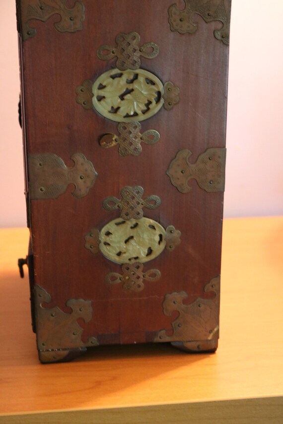 Chinese Rosewood Brass and Jade Jewelry Chest/Box - Gem