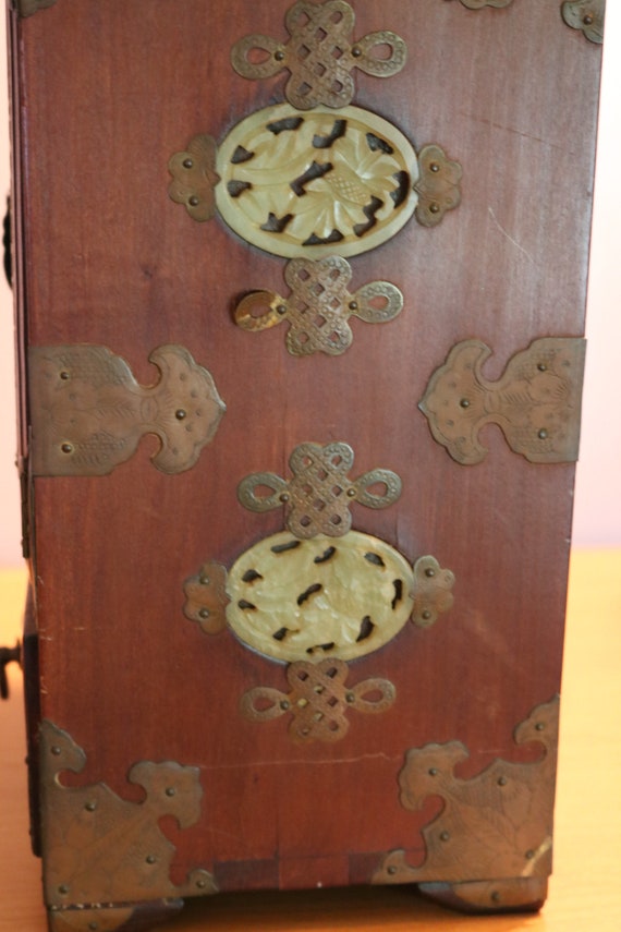 Chinese Rosewood Brass and Jade Jewelry Chest/Box - Gem