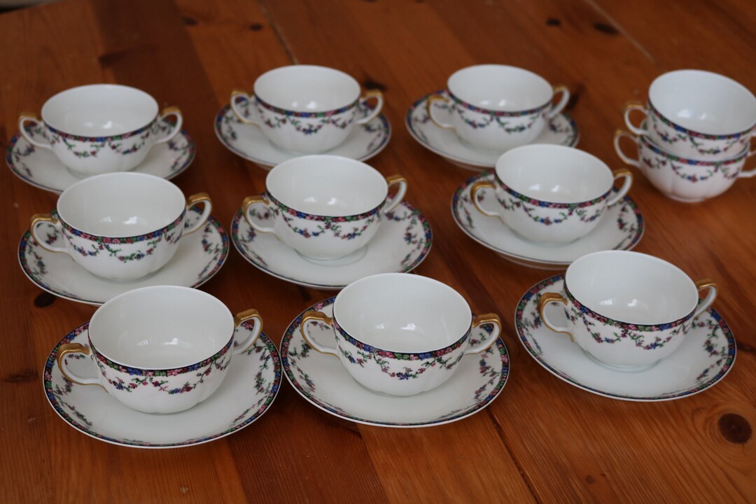 Hand Painted Double Handle Tea Cups and Saucer - 9 Sets and 2 Extra ...
