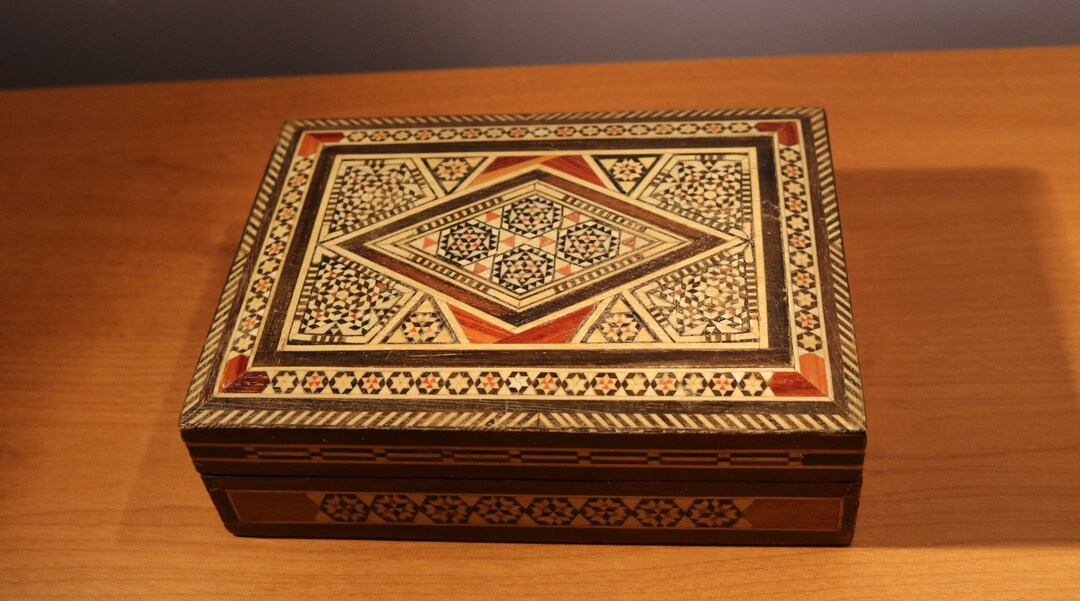 Vintage Inlay Mother of Pearl Wood Marquetry Box, Handmade Syrian ...