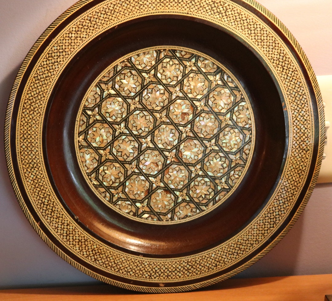 Large Vintage Wooden Inlaid Mother of Pearl Plate From Egypt Middle ...
