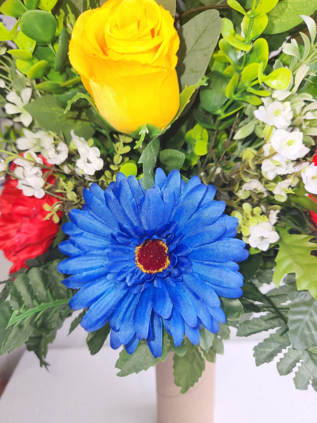 Red Blue and Yellow Memorial Vase Arrangement, Spring Cemetery ...
