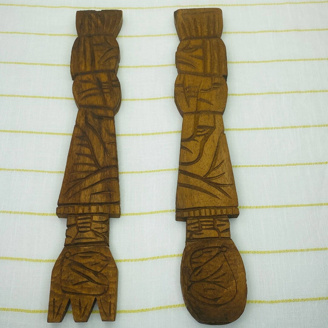 Tiki Handcarved Totem Fork and Spoon 24" Boho MCM Maximalist Wall Art ...