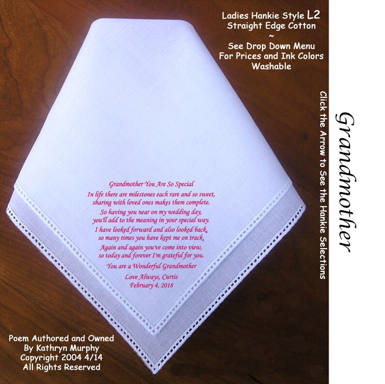 Grandmother of Bride or Groom Gift Hankie & Poem 1504 Sign and - Etsy