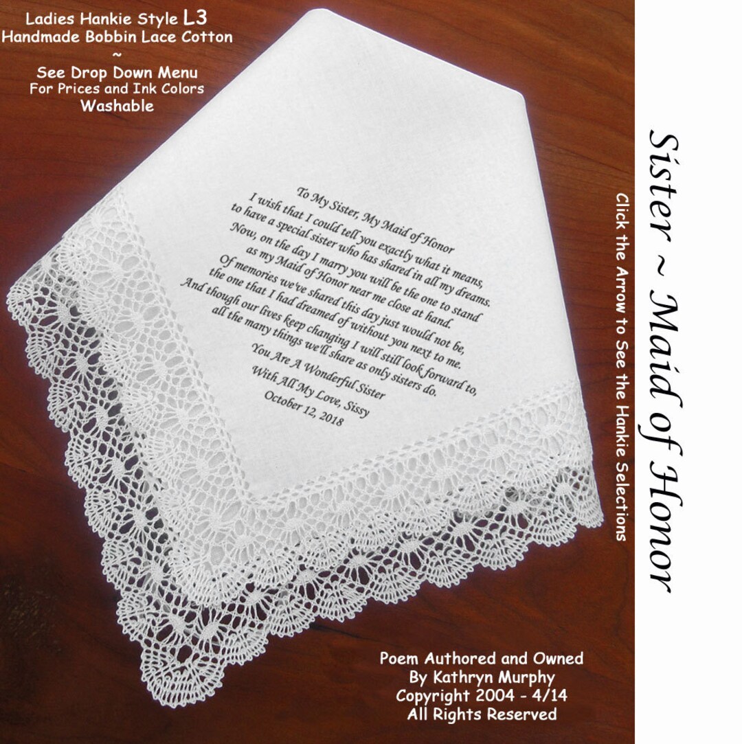 Sister Maid of Honor Gift Handkerchief 1001 5 Wedding Hankie Styles ...