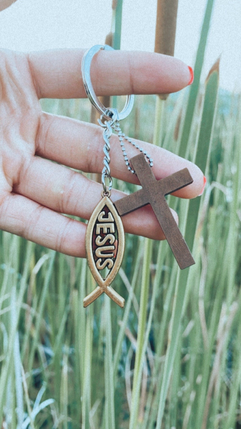Jesus Fish Keychain Wooden Cross Keychain Christian - Etsy