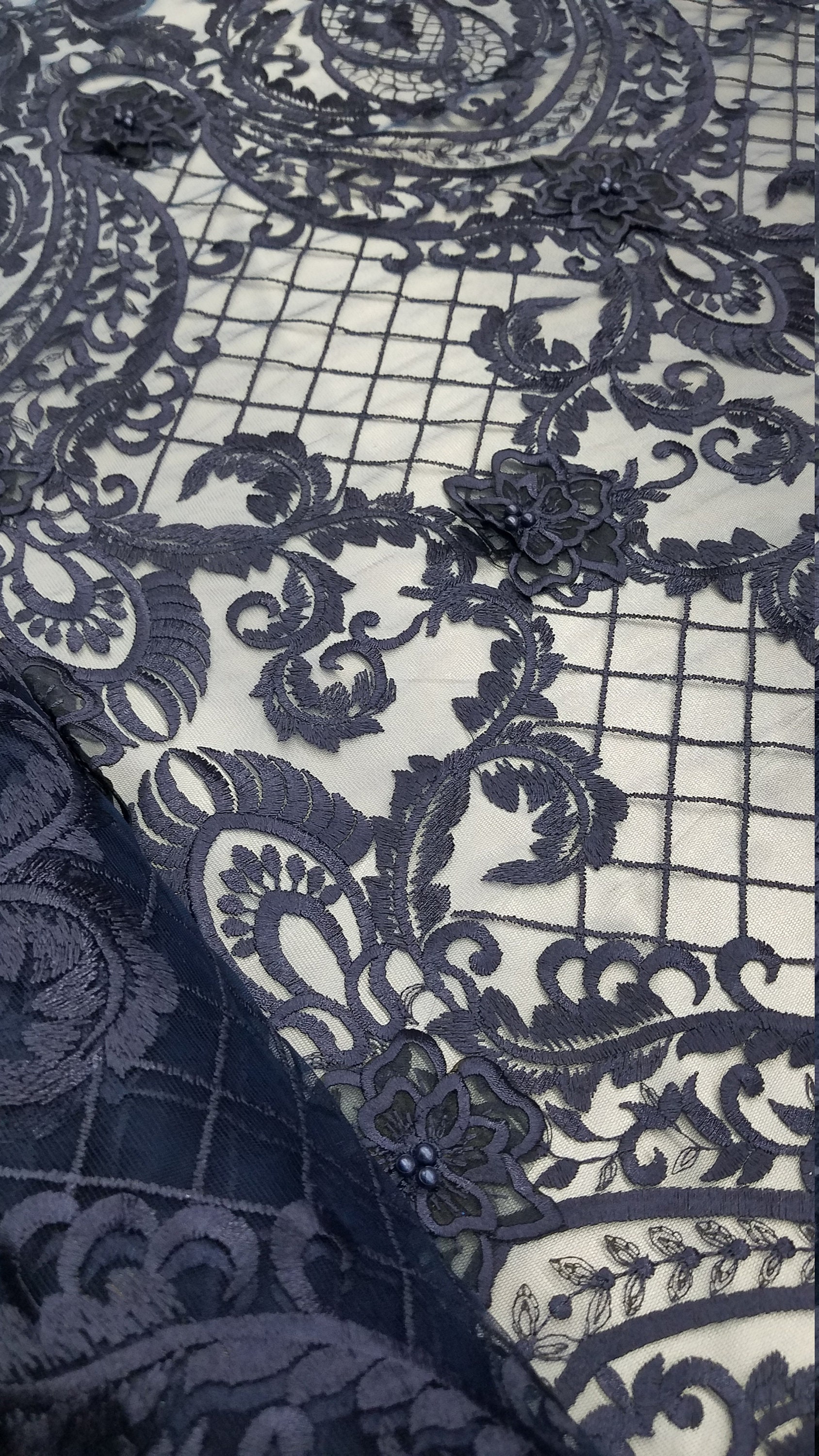 Gorgeous Navy Blue Floral Embroidery Beads Mesh Tulle Bridal - Etsy