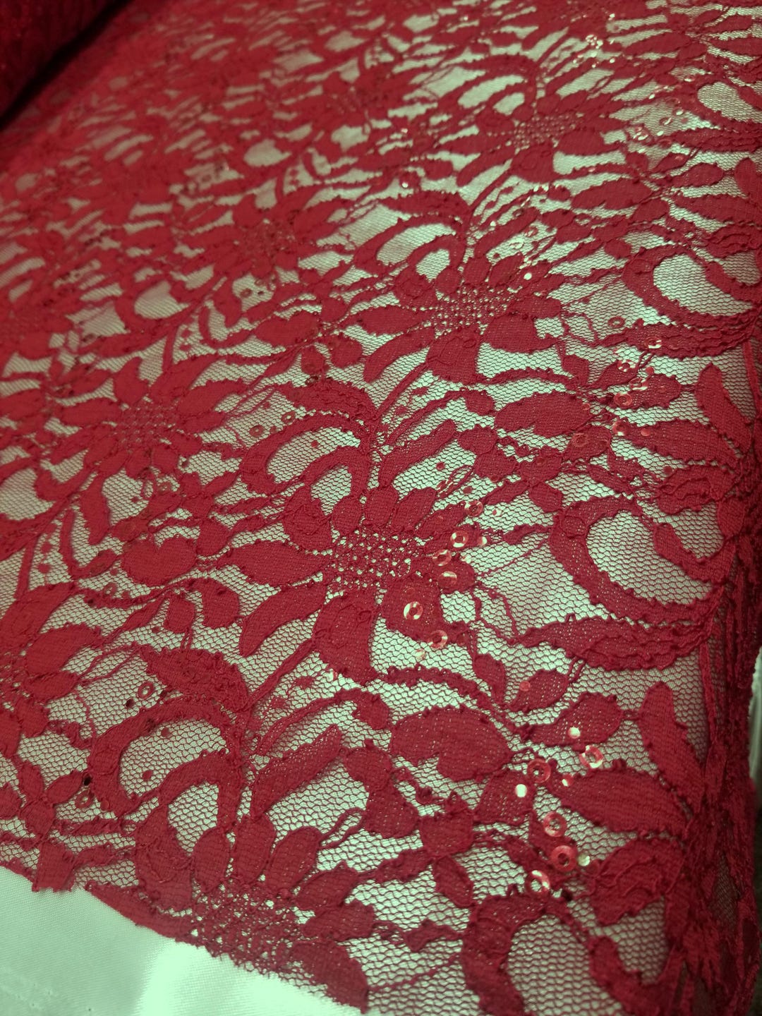 Dark Red Corded Lace Fabric With Black Bling All Over Sold by the Yard ...