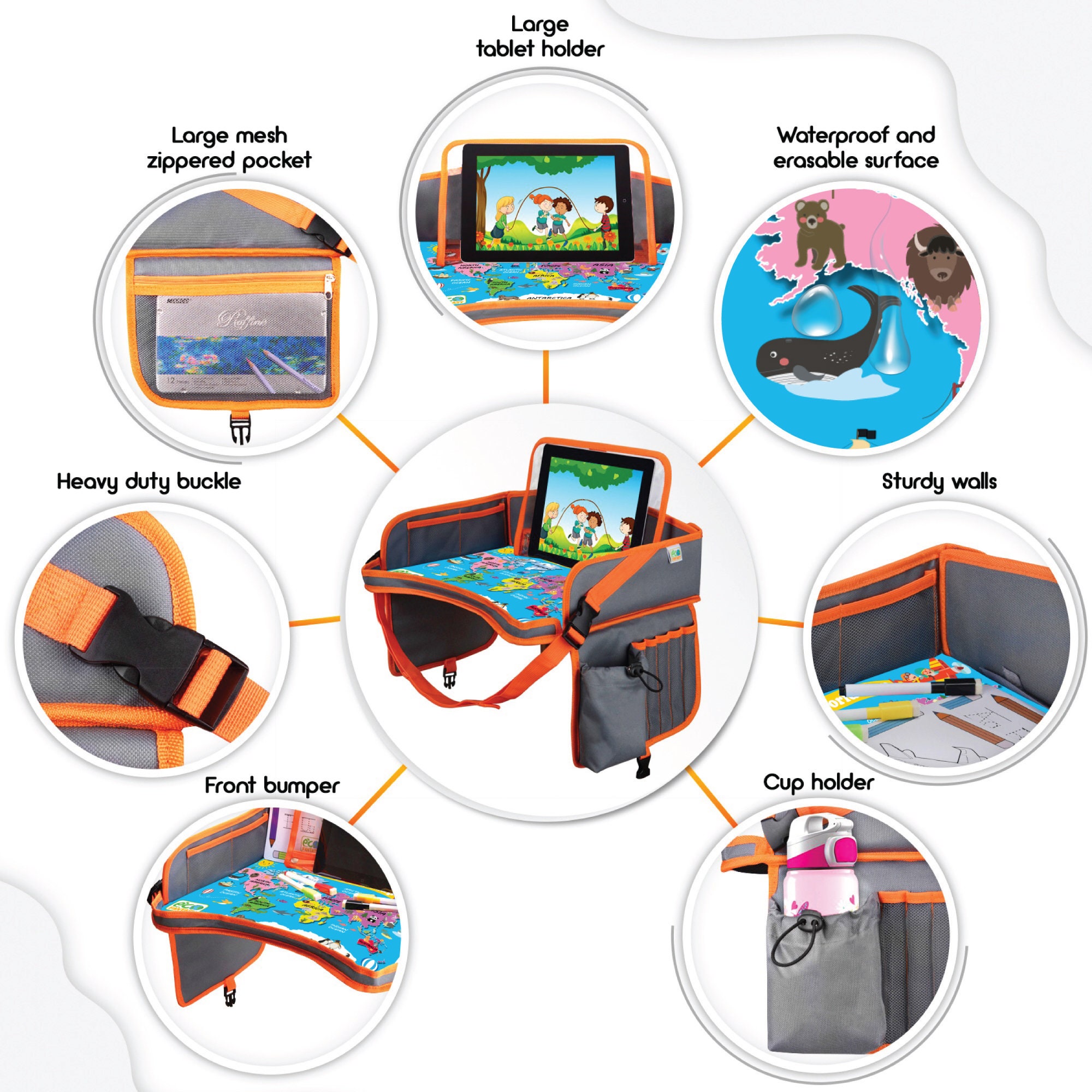 World Map Kids Travel Tray | Car Seat Activity Table With Tablet Holder ...