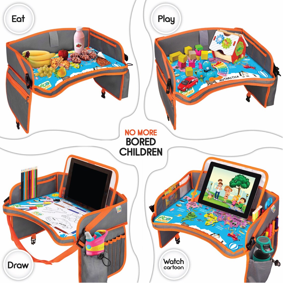 World Map Kids Car Seat Travel Tray | Waterproof Surface With Dry Erase ...
