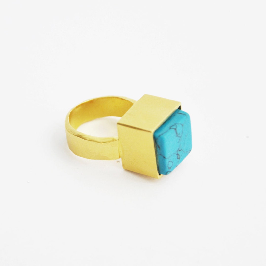 Turquoise Ring, Large Gold and Turquoise Ring, Stone Ring, Cube ...