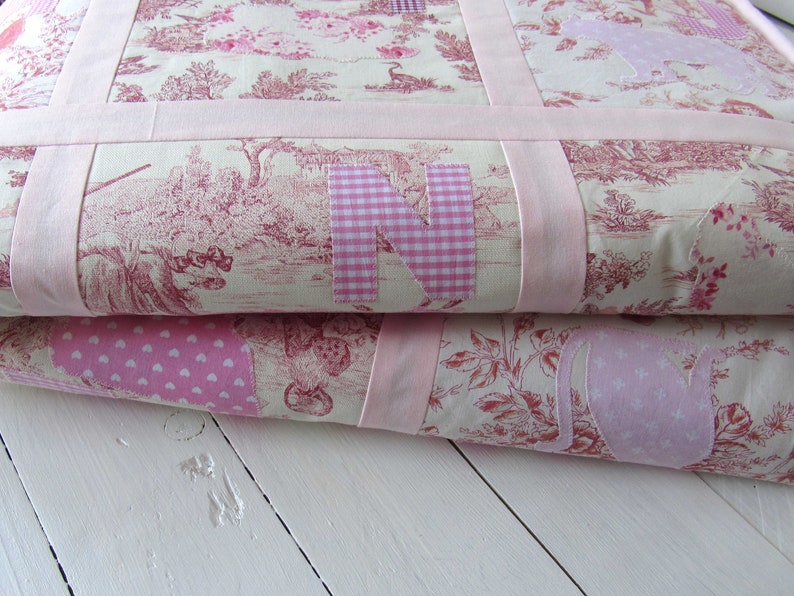 Toile De Jouy Baby Blanket ABC Quilt Nurserey Decor Baby Boy Pink Beige ...