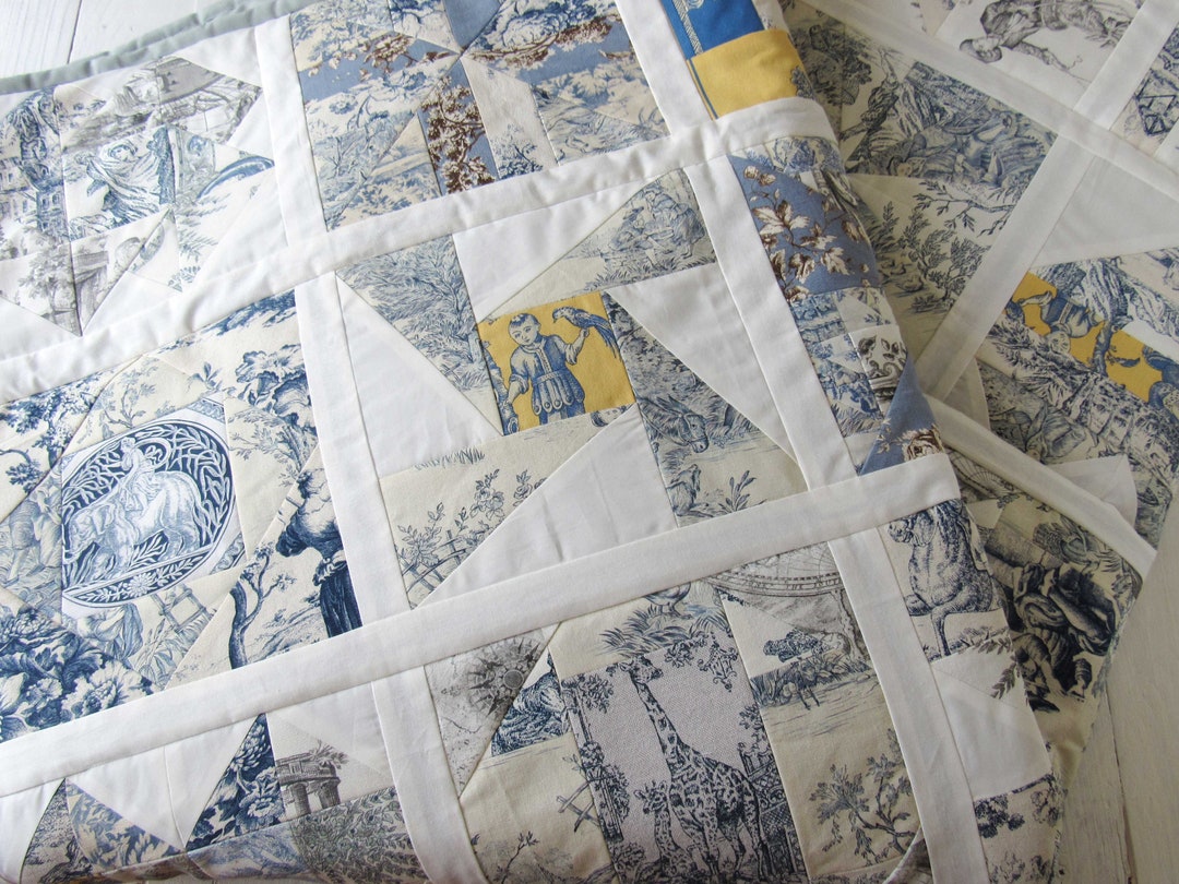Toile De Jouy Quilt Blue Yellow Offwhite Blanket Quilt French - Etsy